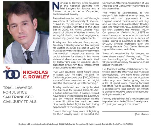 Nick Rowley Named Daily Journal Top 100 Lawyers 2022 - Nicholas C. Rowley